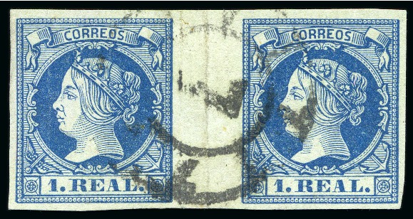 Lot 41332 - 1860 Isabella II 1R Blue, horizontal GUTTER PAIR, centrally ...
