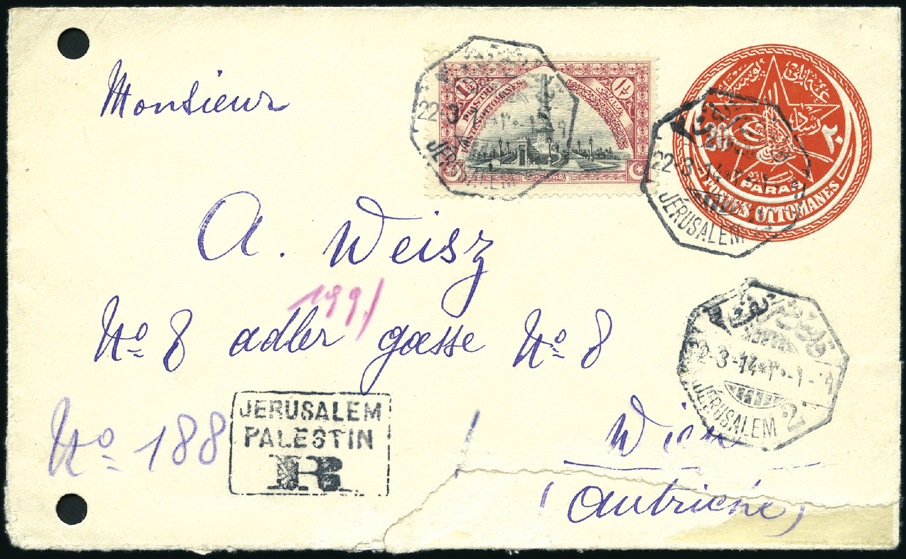 Lot 10002 - JERUSALEM 2 postmarks (22Mar14) tie 1-1/2 pi Turki ...