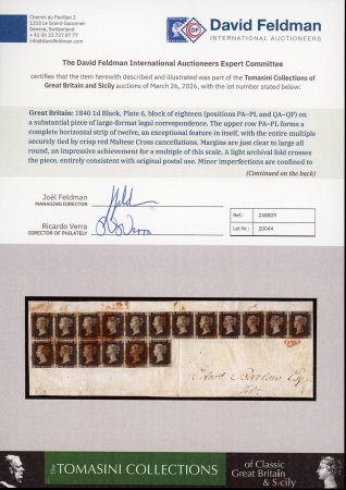 Lot 20044 - 1840 1d black pl.6 in block of eighteen on large piece tied ...